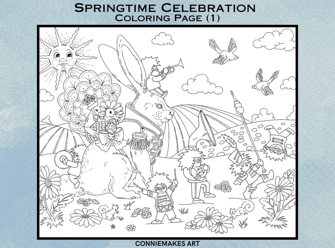 Springtime Celebration Coloring Page (1) With Grand Rabbit, Music Band ...