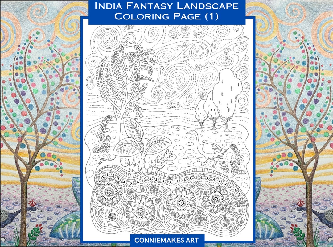 India Fantasy Landscape Coloring Page 1 With Large Beautiful Flowers ...