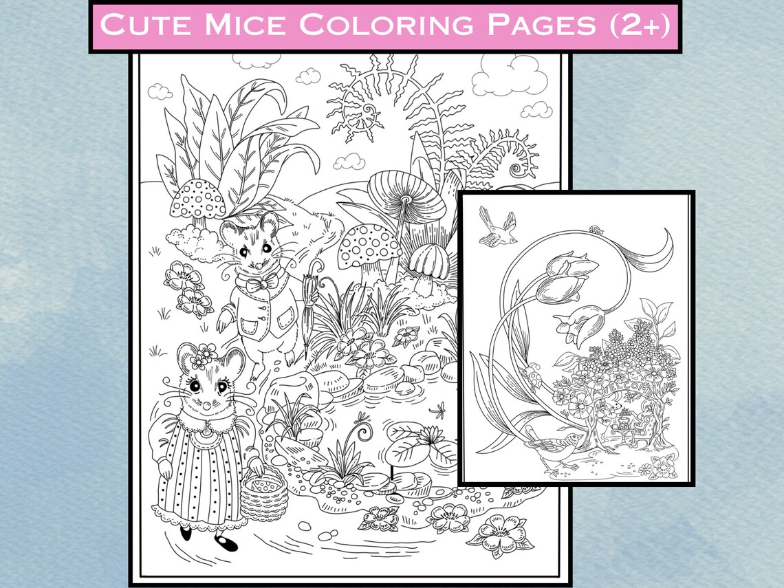 Cute Mice Coloring Pages (2+) Among Tulips and Flowers - Etsy