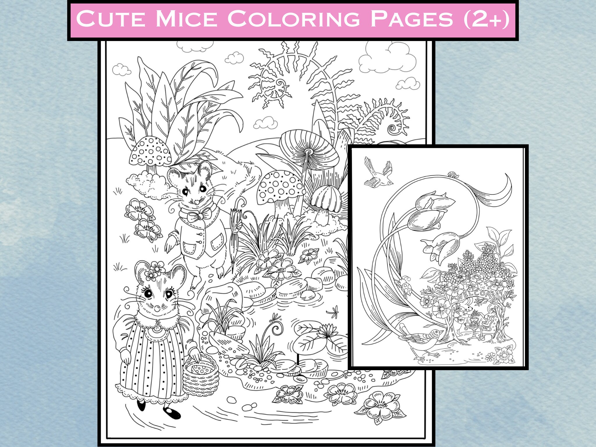 Cute Mice Coloring Pages (2+) Among Tulips and Flowers - Etsy