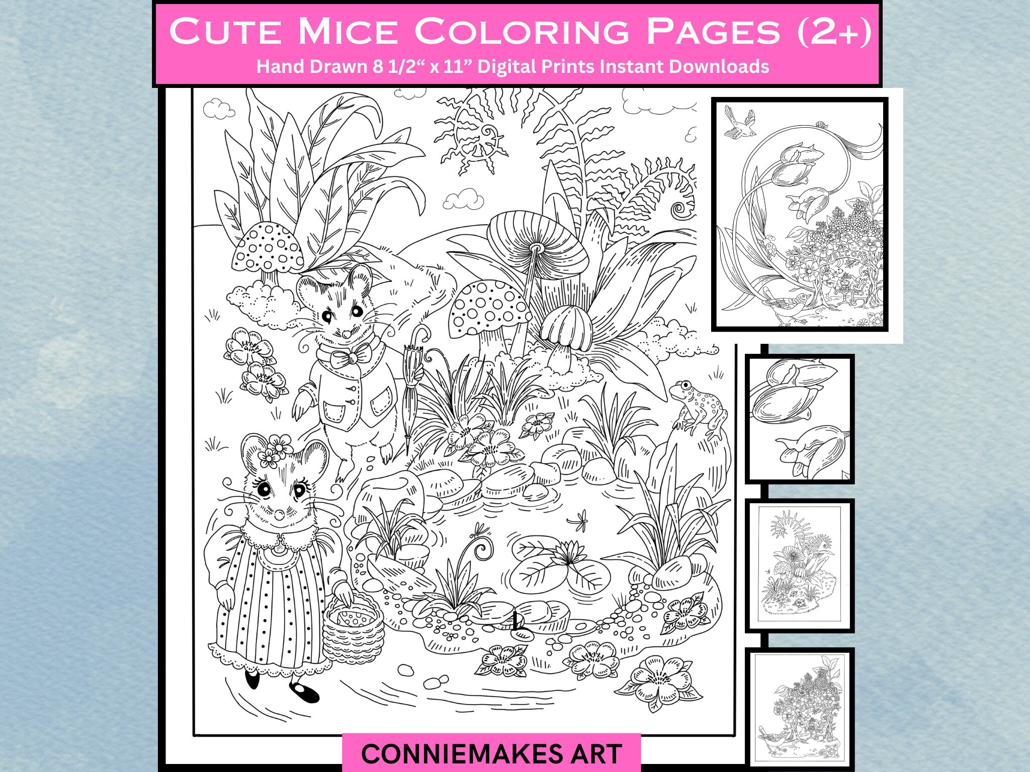 Cute Mice Coloring Pages 2 Among Tulips and Flowers - Etsy