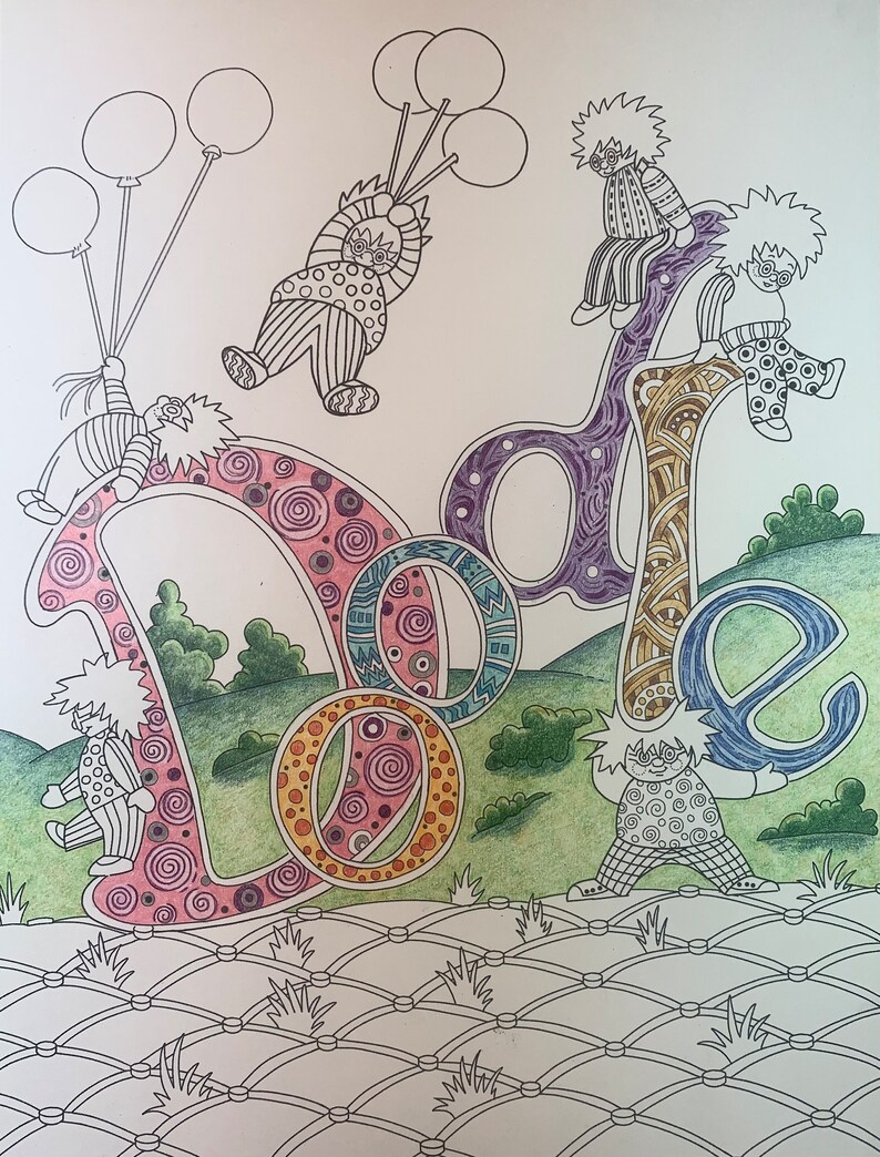 Boys Playing Coloring Page (1) Hand Drawn With Balloons in a Springtime ...