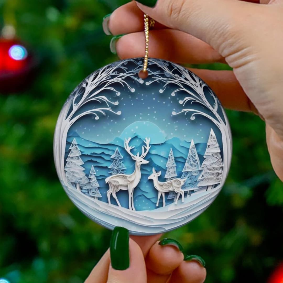Reindeer in Snow Christmas Ornament 2D Flat Printed NOT 3D Ornament ...