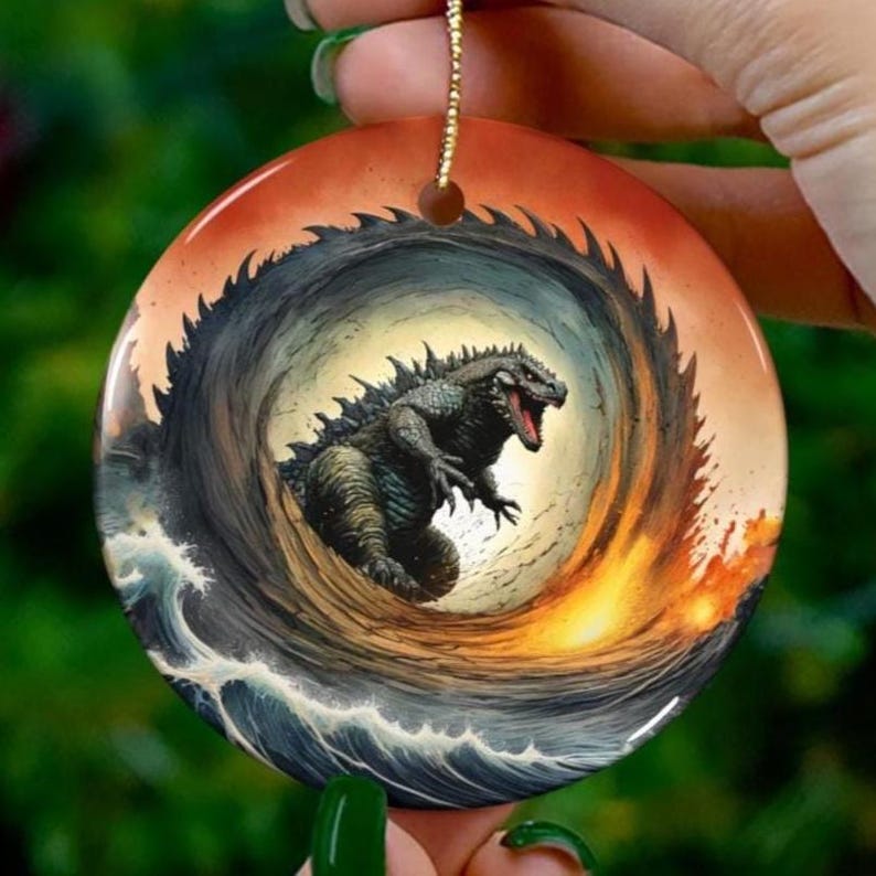 Godzilla Christmas Ornament: Round Ceramic Monster Tree Decor - Etsy
