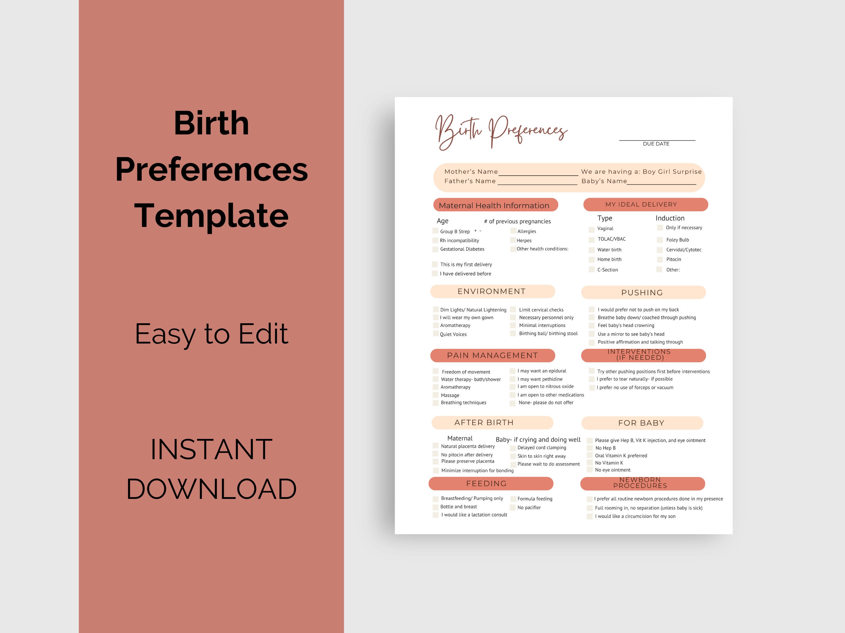 Birth Preferences, Birth Plan Template , Editable Birth Plan, Visual ...