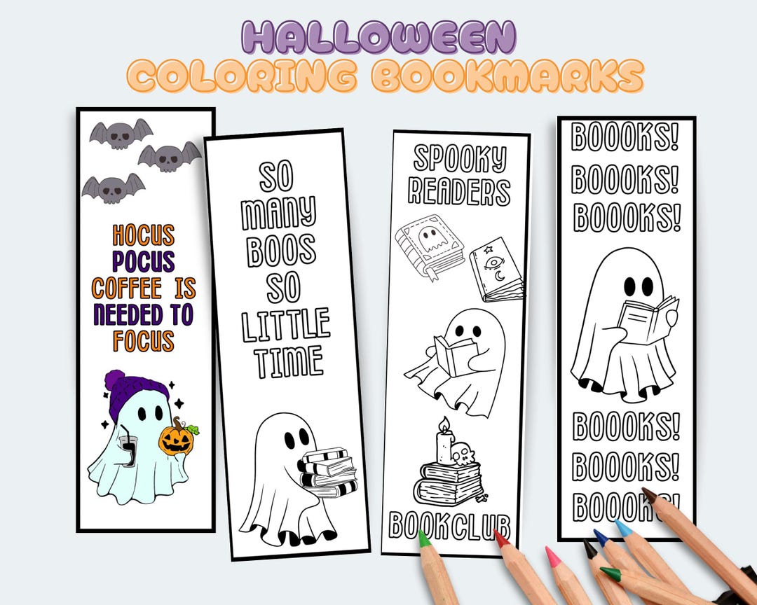 Spooky Cute Halloween Coloring Bookmarks, Kawaii, Ghosts, Bookish ...