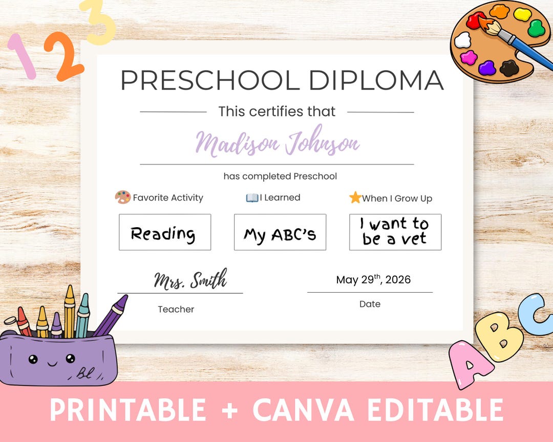 Preschool Graduation Certificate Diploma Award + End of Year Keepsake ...