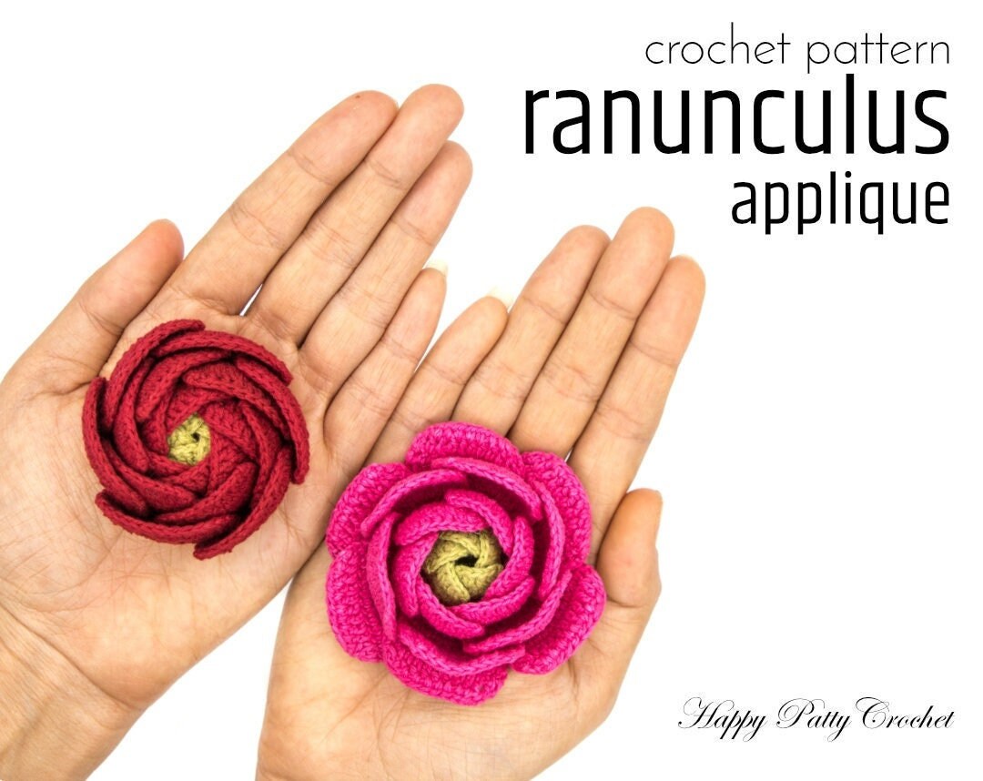Crochet Flower Applique Pattern - Crochet Ranunculus Pattern - Crochet ...