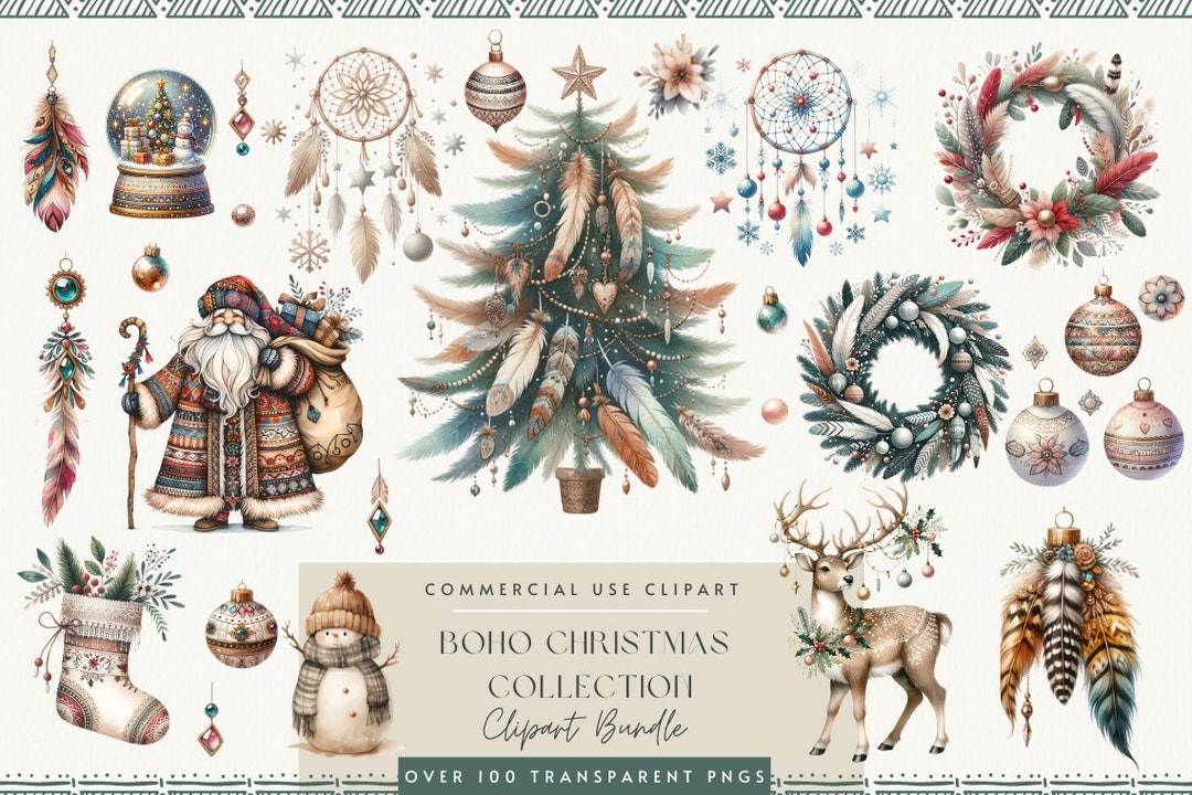 Christmas Boho Clipart, Watercolor Boho Christmas, Xmas Clipart ...