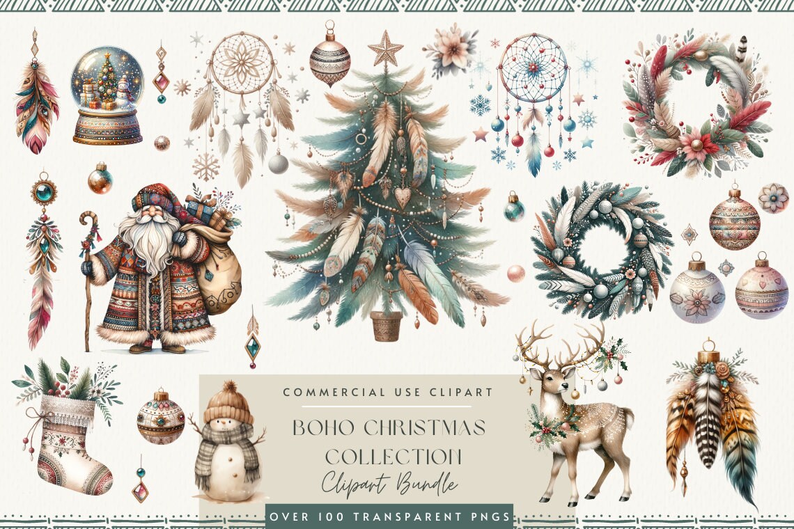Christmas Boho Clipart, Watercolor Boho Christmas, Xmas Clipart ...