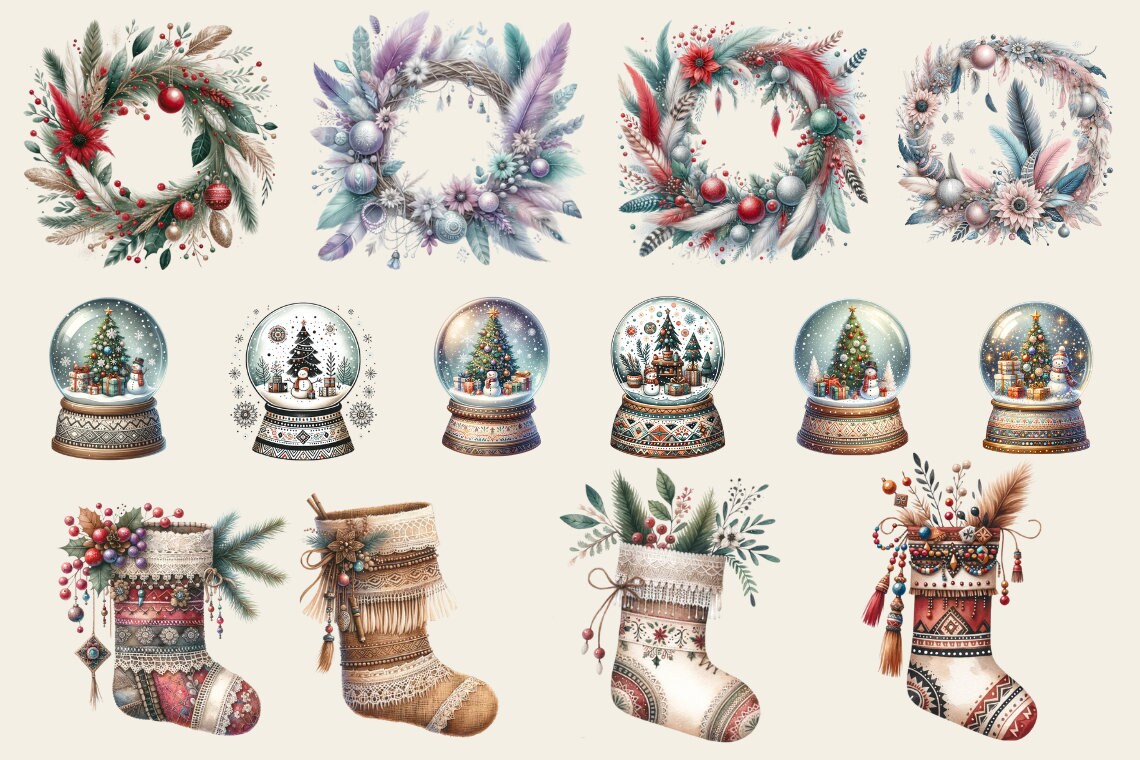 Christmas Boho Clipart, Watercolor Boho Christmas, Xmas Clipart ...