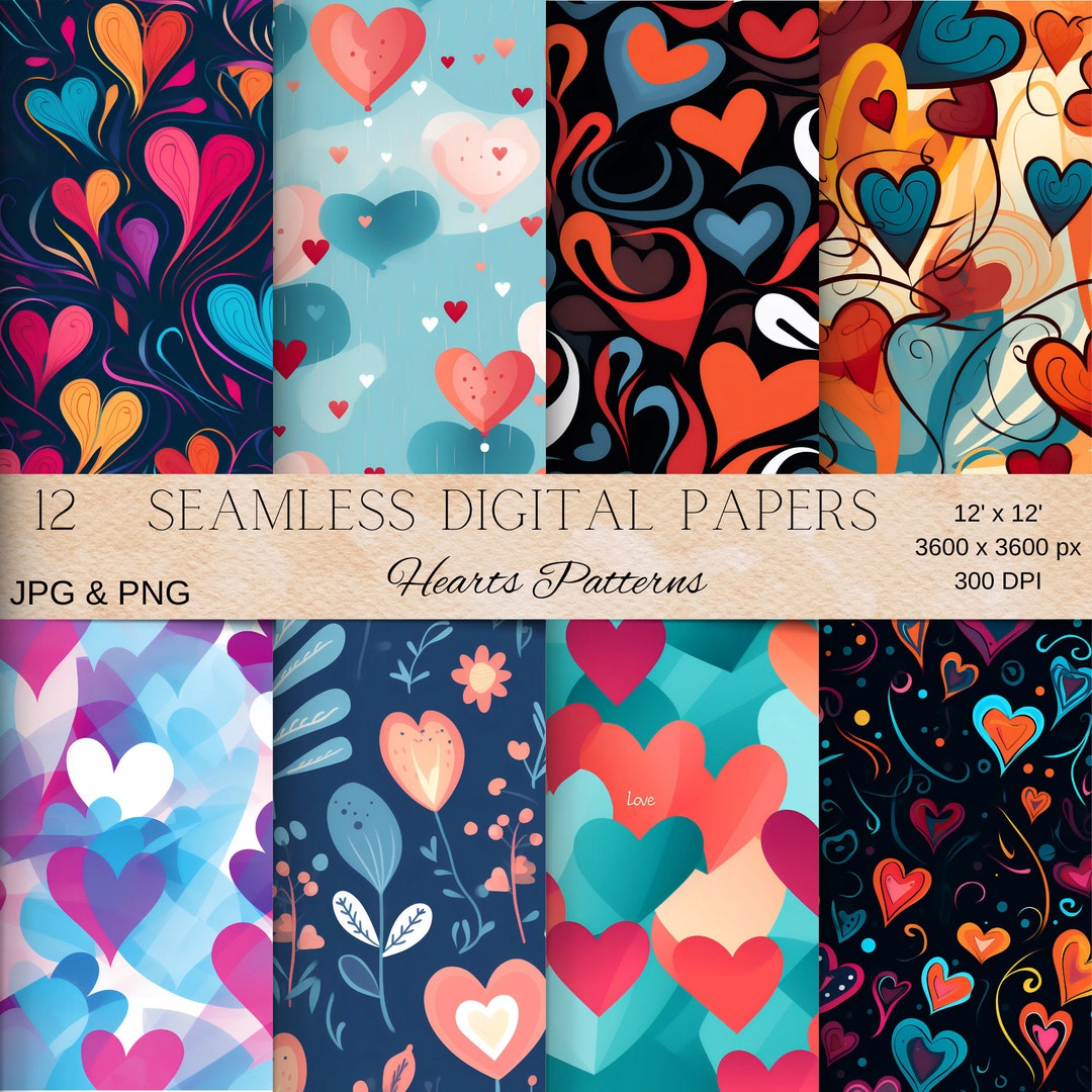 Hearts Patterns Vibrant Scrapbook Paper, Seamless Pattern, Digital ...