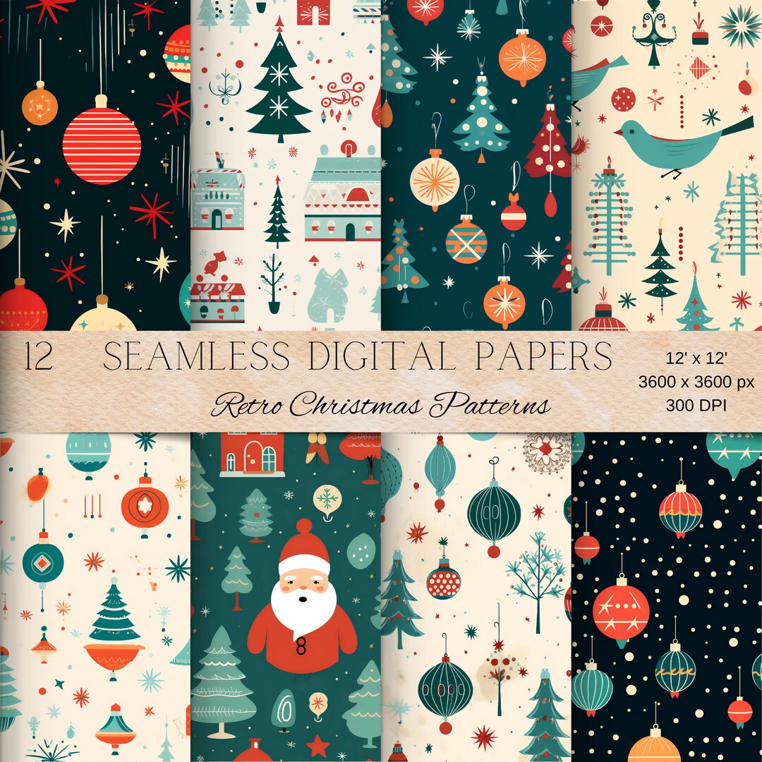 Retro Christmas Patterns Digital Scrapbook Paper Seamless - Etsy