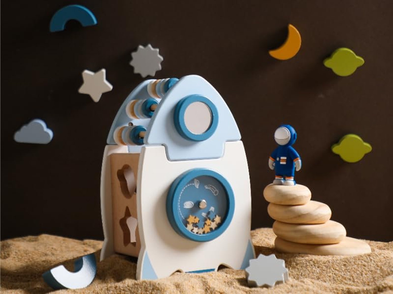 Wooden Montessori Space Rocket Busy Cube, Toddler Sensory Activity Toy ...