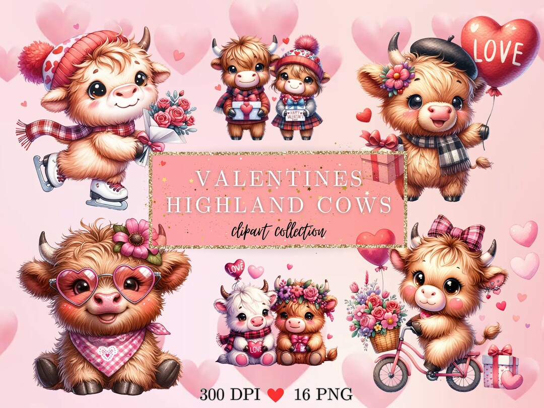 Highland Cow Valentine Clipart, Watercolor Valentines Day Highland Cow ...