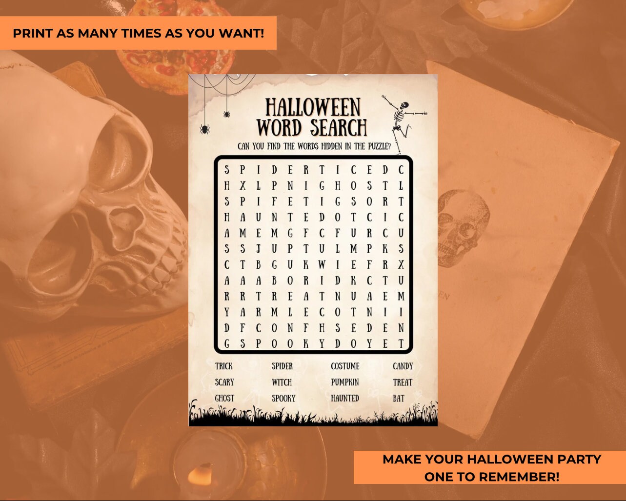 Halloween Word Search Printable Game Skeleton Halloween Party - Etsy