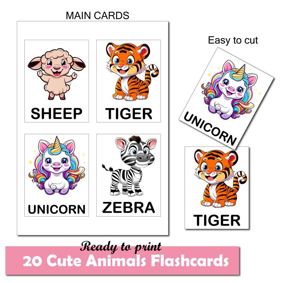20 Cute Cartoon Animal Flashcards,printable Download Card,learning Kit ...