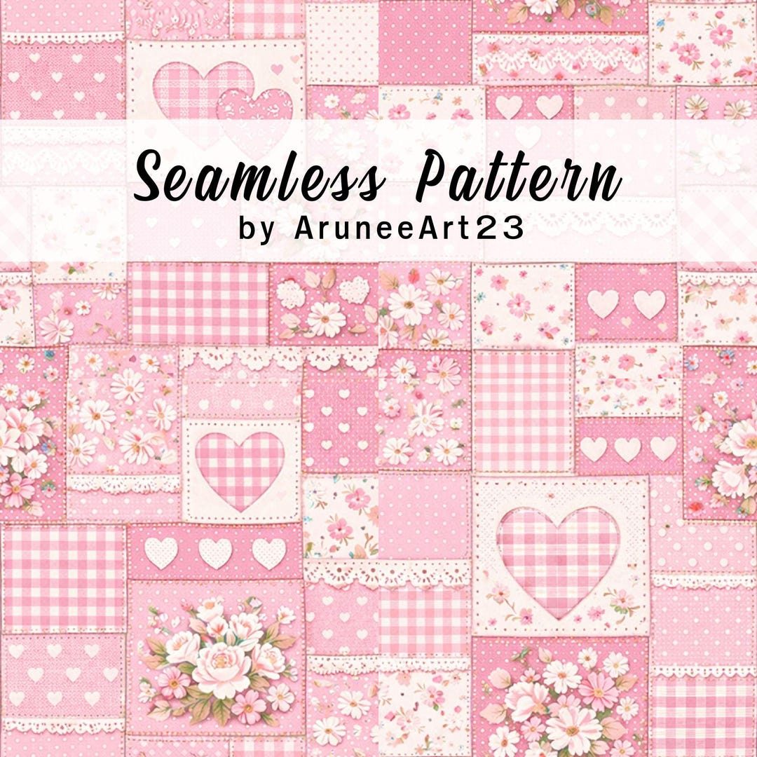 Pink Floral Patchwork Seamless Pattern, Vintage Cottagecore Heart Quilt ...