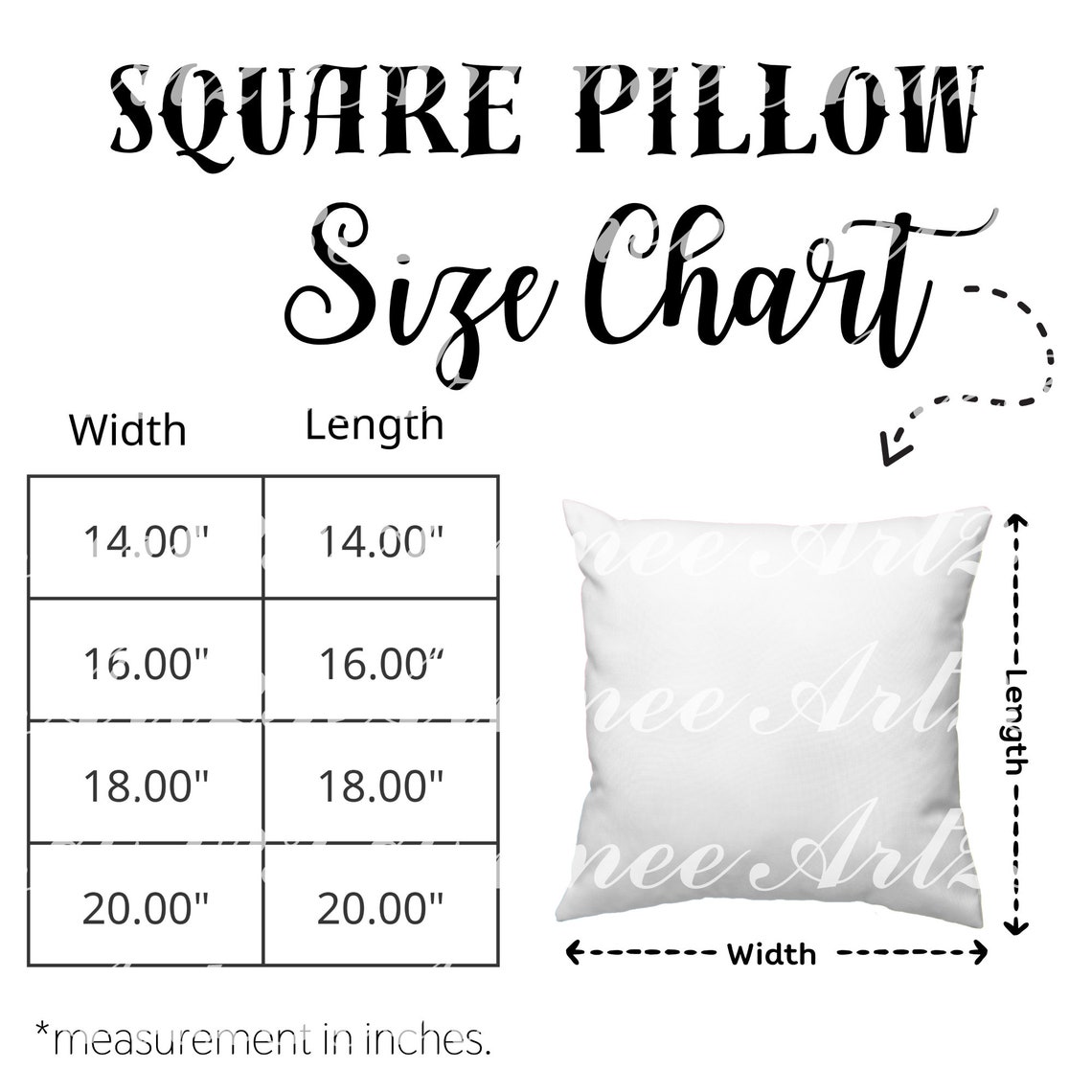 Size Chart Square Pillow Mockup Size Chart Guide Template Digital ...