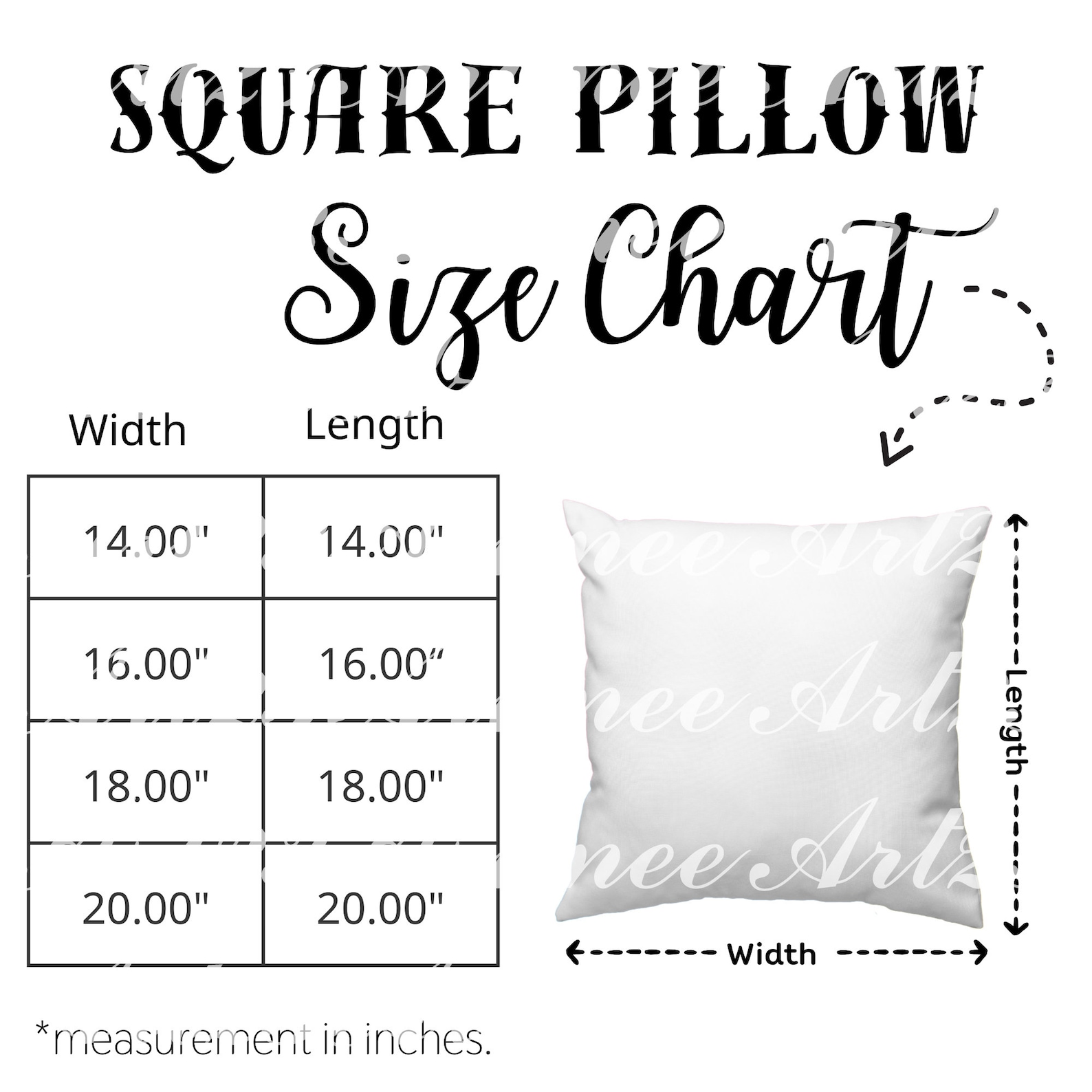 Size Chart Square Pillow Mockup Size Chart Guide Template Digital ...