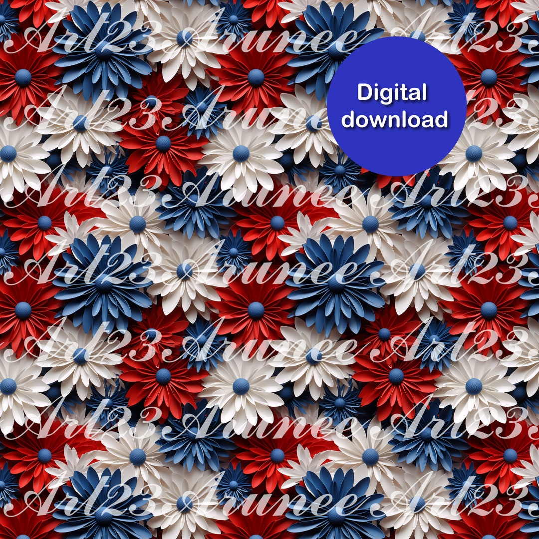 3d Flowers Red White and Blue Seamless File , Illustrator Line, Pattern ...
