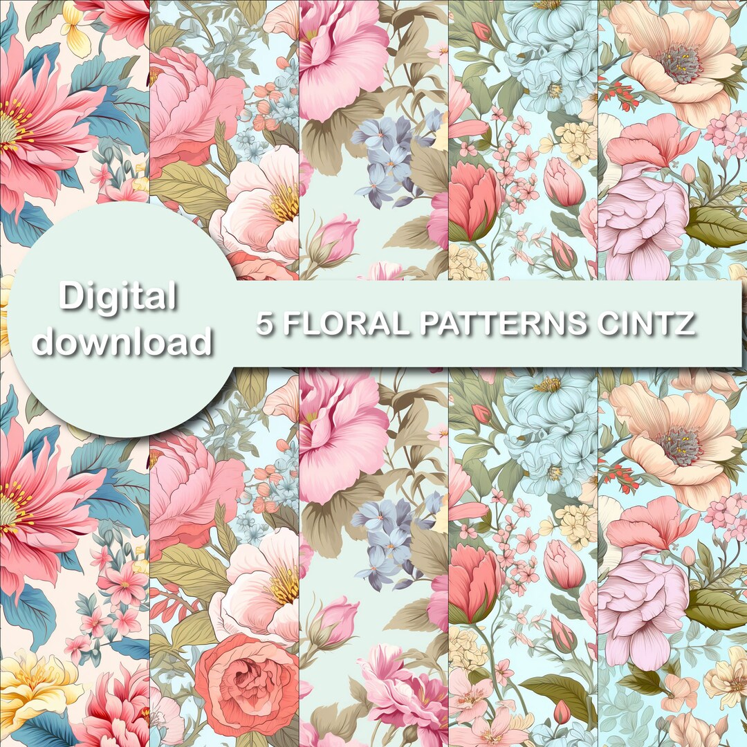 Set of 5 Floral Chintz Pattern Seamless , Unique Seamless File, Pattern ...