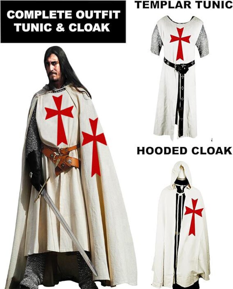 SUNLEXA Medieval Cloak & Templar Tunic Knight Halloween Costume Cotton ...