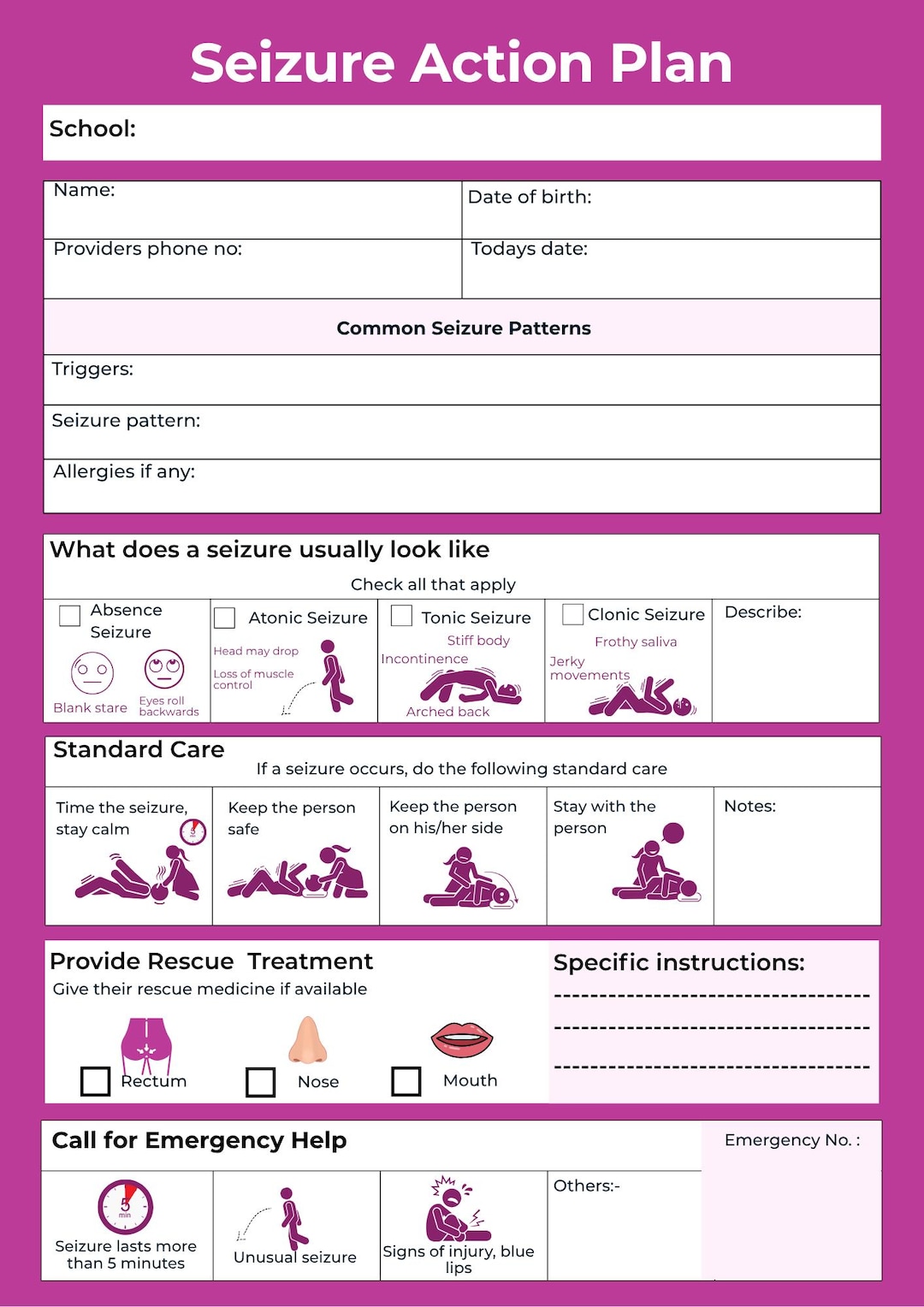 Seizure First Aid & Action Plan for Parent, Caregivers and School Guide ...