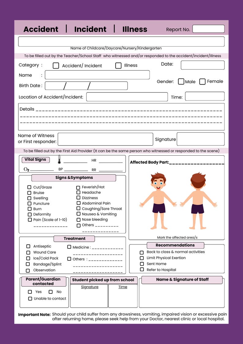 Accident Incident Illness Report Form for Childcare Centers, Preschool ...