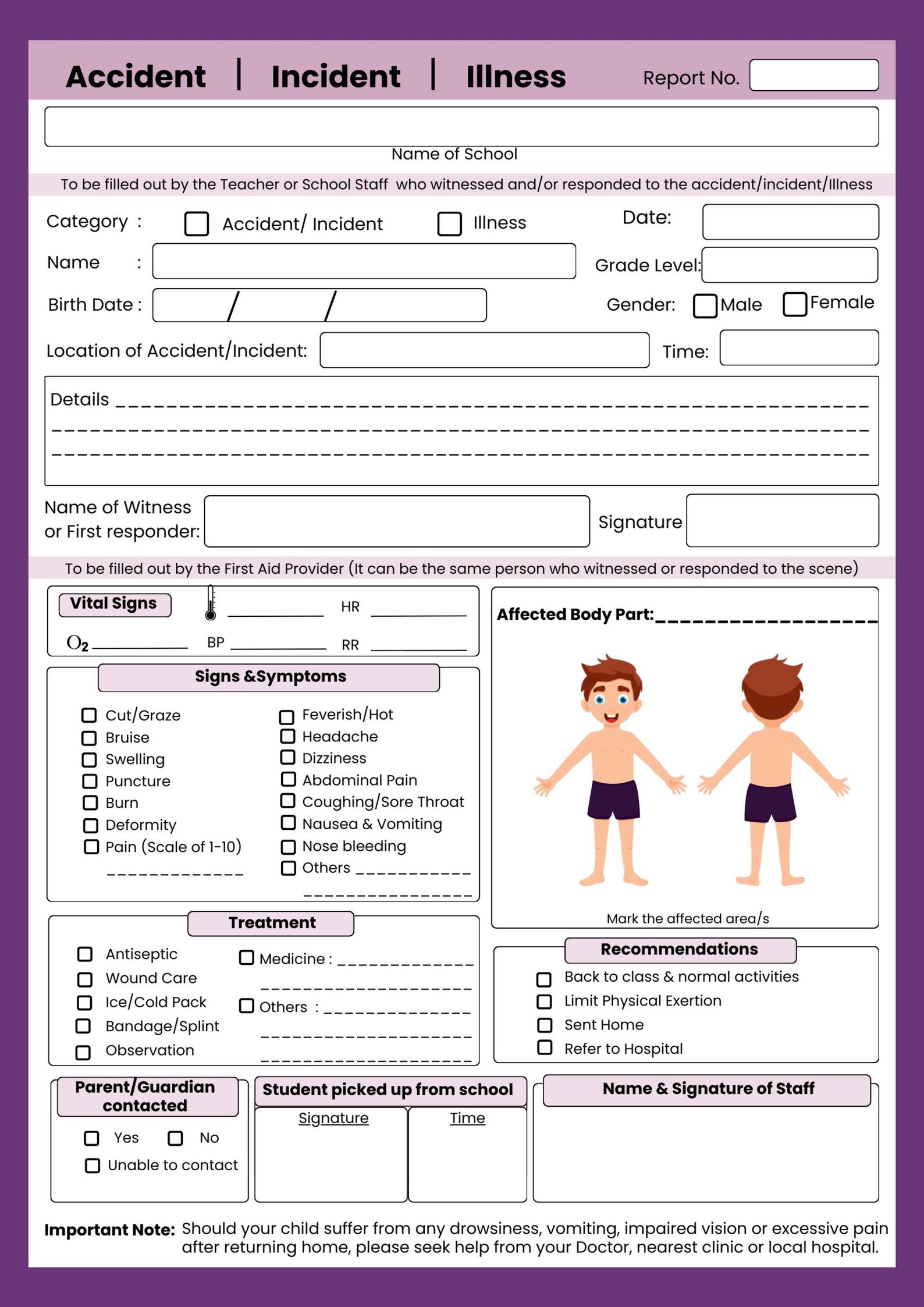 Accident Incident Illness Report Form for Childcare Centers, Preschool ...