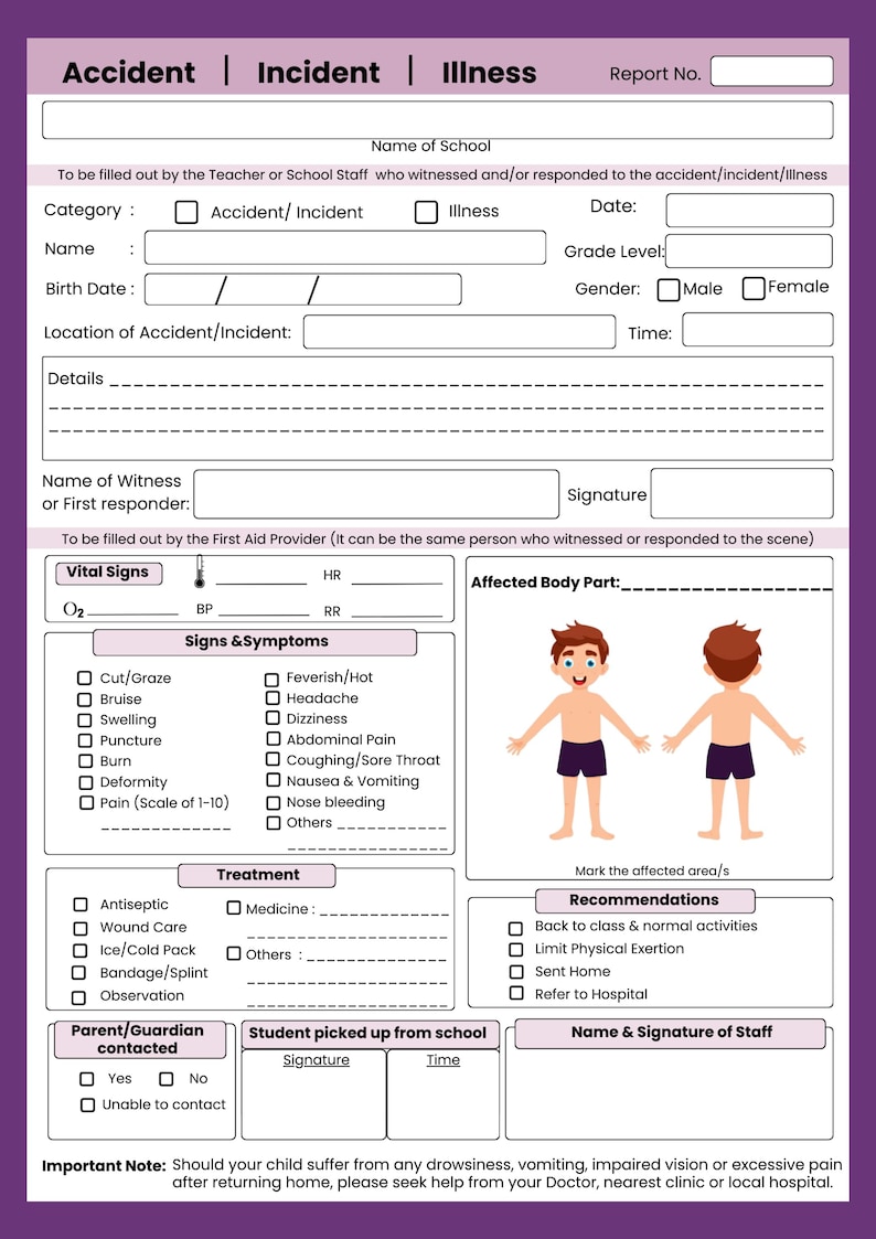 Accident Incident Illness Report Form for Childcare Centers, Preschool ...