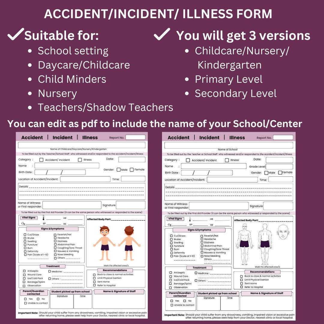 Accident Incident Illness Report Form for Childcare Centers, Preschool ...