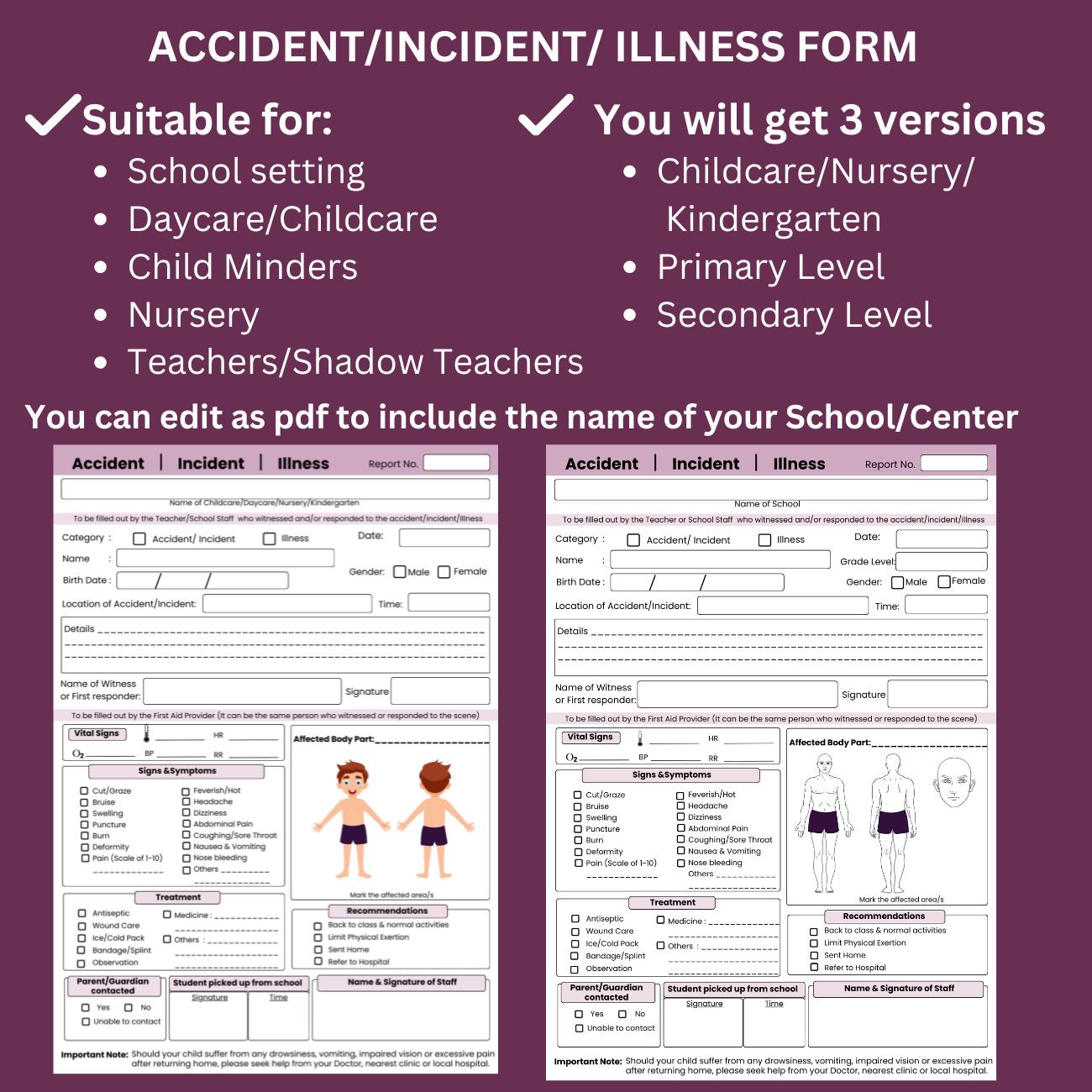 Accident Incident Illness Report Form for Childcare Centers, Preschool ...