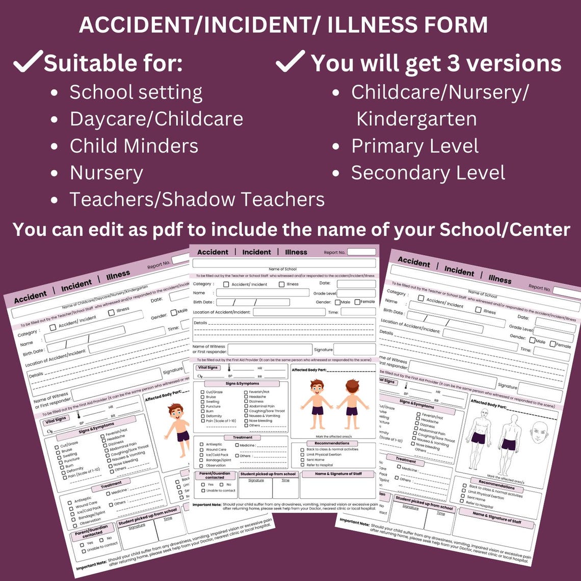 Accident Incident Illness Report Form for Childcare Centers, Preschool ...
