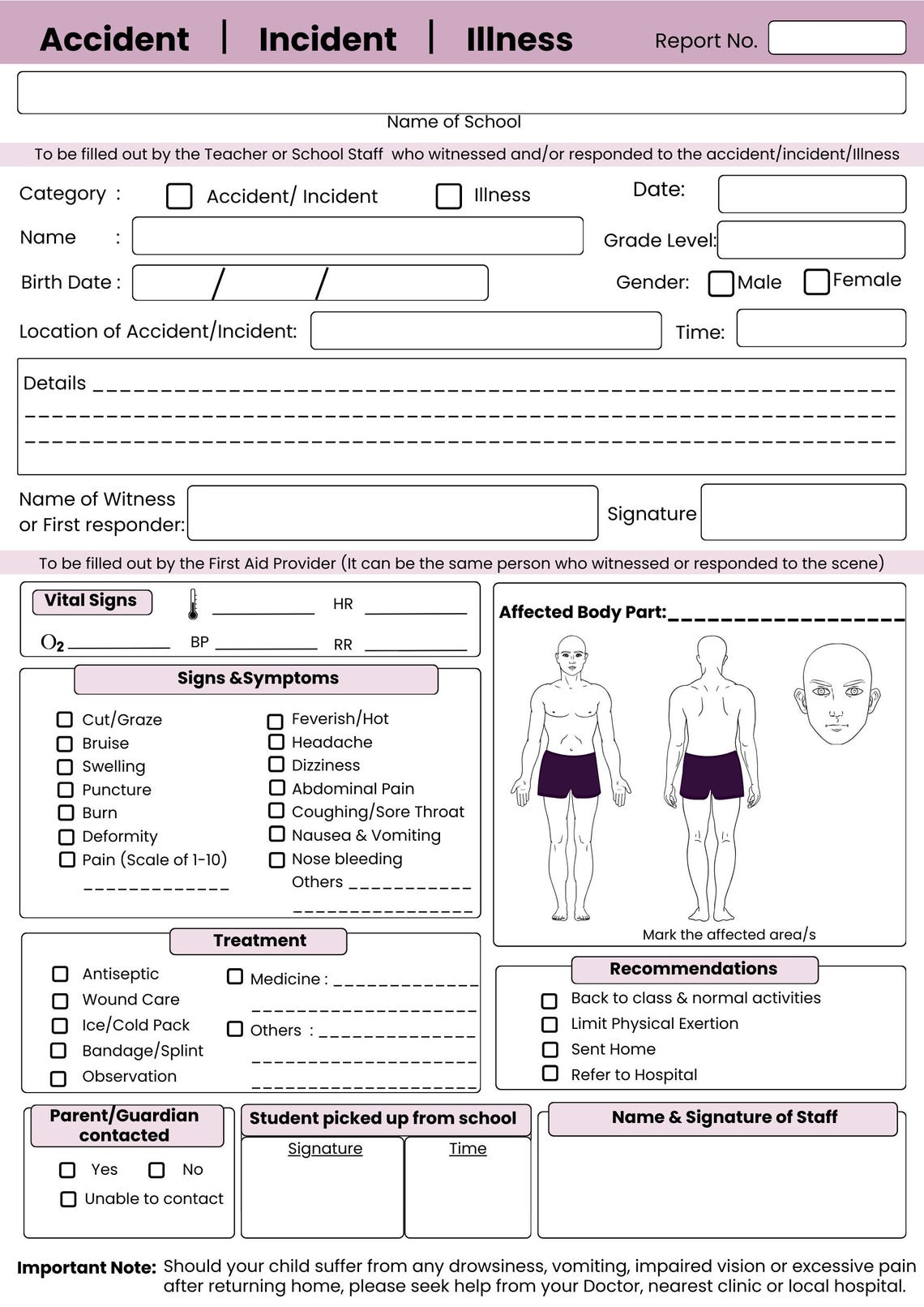 Accident Incident Illness Report Form for Childcare Centers, Preschool ...