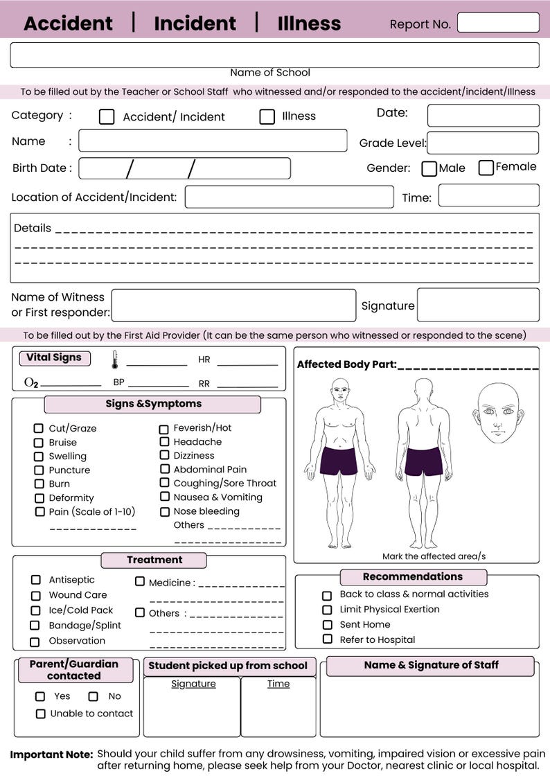 Accident Incident Illness Report Form for Childcare Centers, Preschool ...