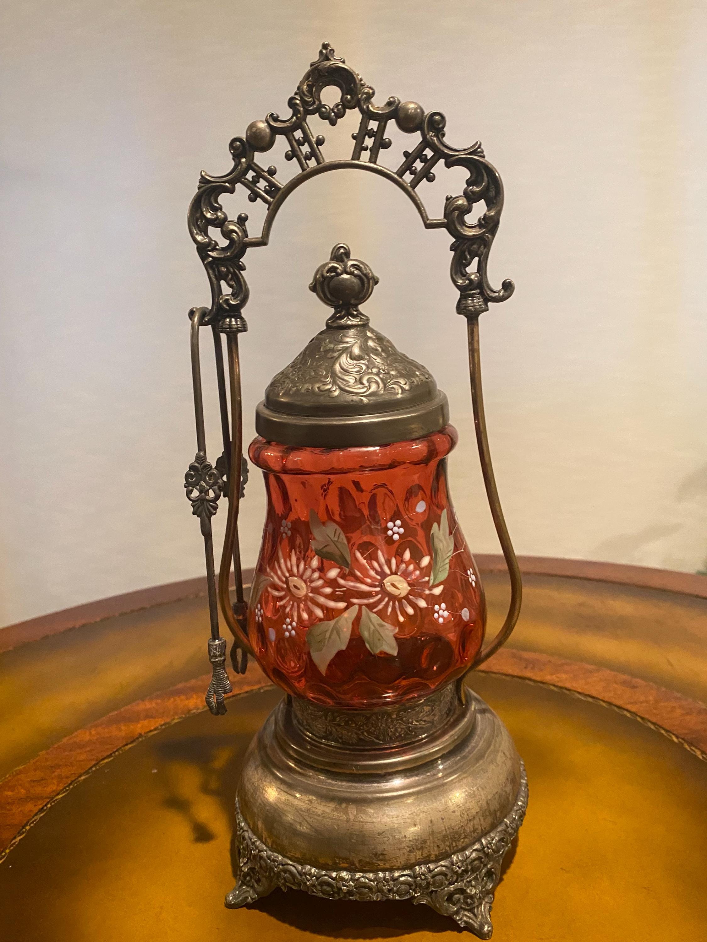 Antique Pickle Castor Jar - Cranberry Glass With Tongs, W/lid - 12 ...