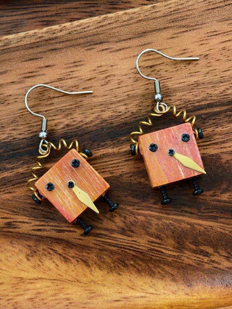 Handmade Wooden Robot Earrings – Quirky Lightweight Dangle Jewelry – 3 ...