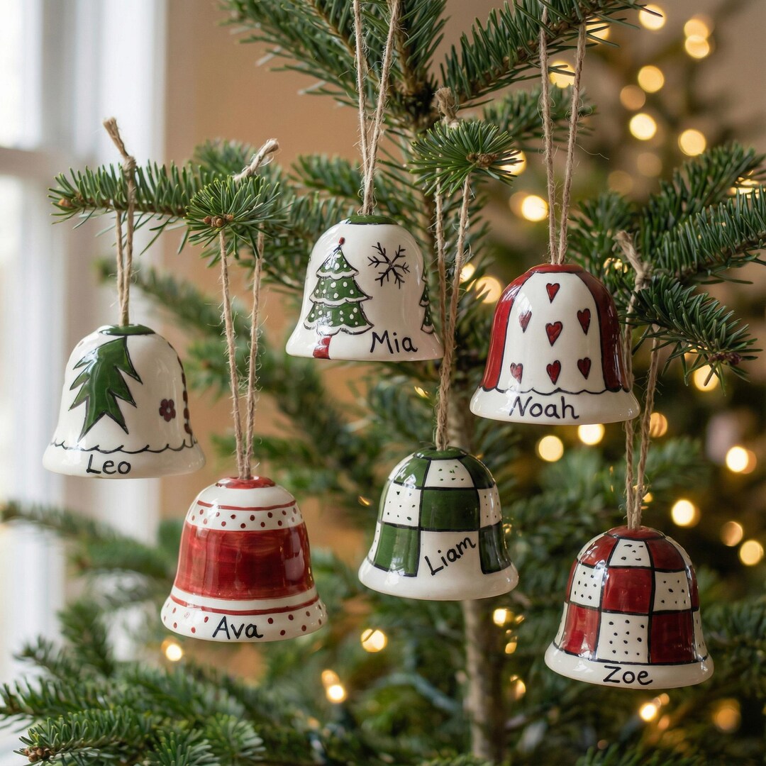 Personalized Ceramic Christmas Bell Ornament, Traditional Red and Green ...