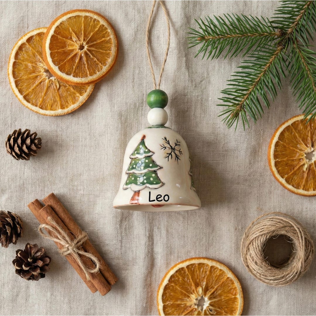 Personalized Ceramic Bell Ornament, Minimalist Scandi Christmas Decor ...