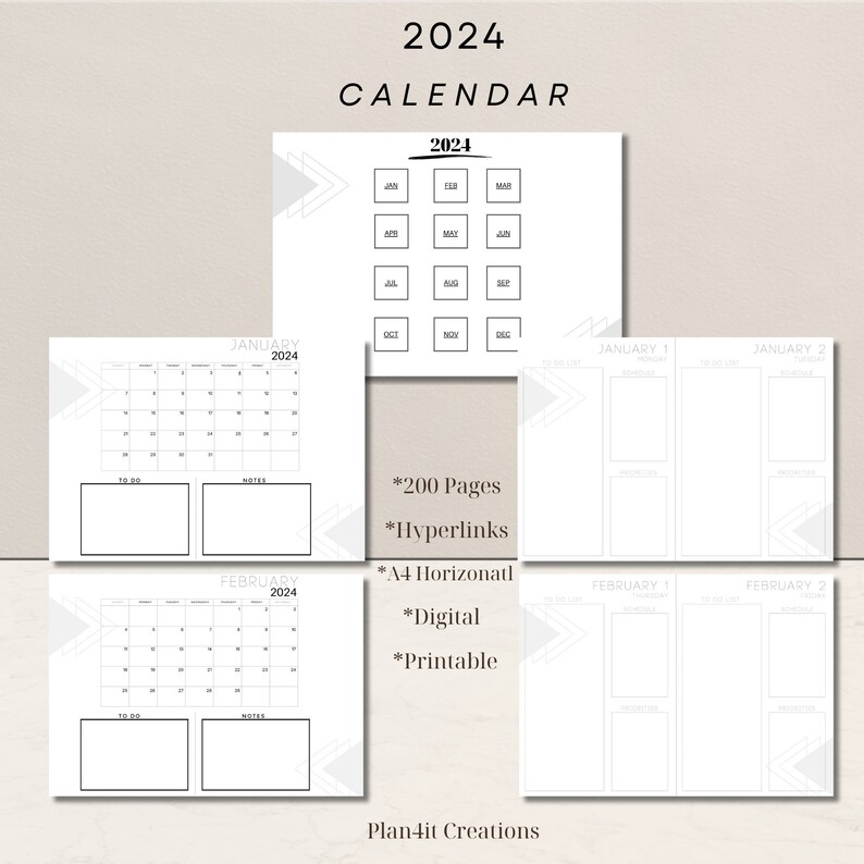 2024 Calendar Digital Printable A4 Horizontal Pdf Hyperlinks - Etsy