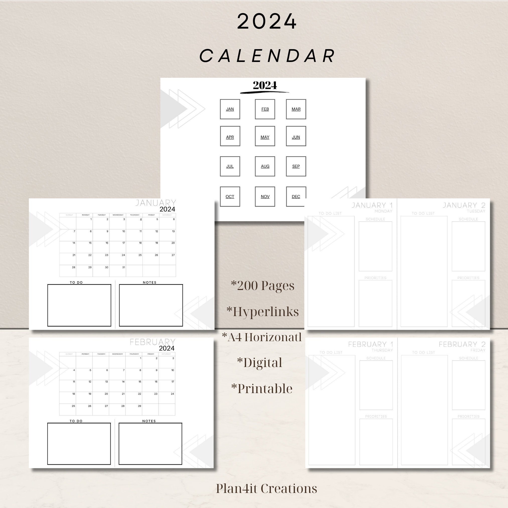 2024 Calendar Digital Printable A4 Horizontal Pdf Hyperlinks - Etsy