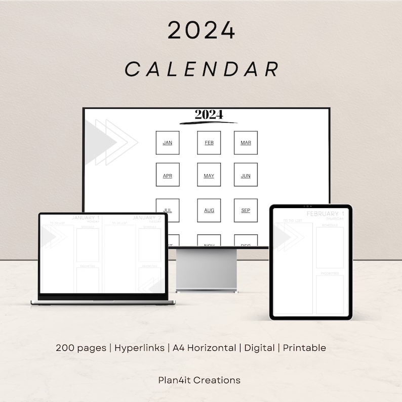 2024 Calendar Digital Printable A4 Horizontal Pdf Hyperlinks - Etsy