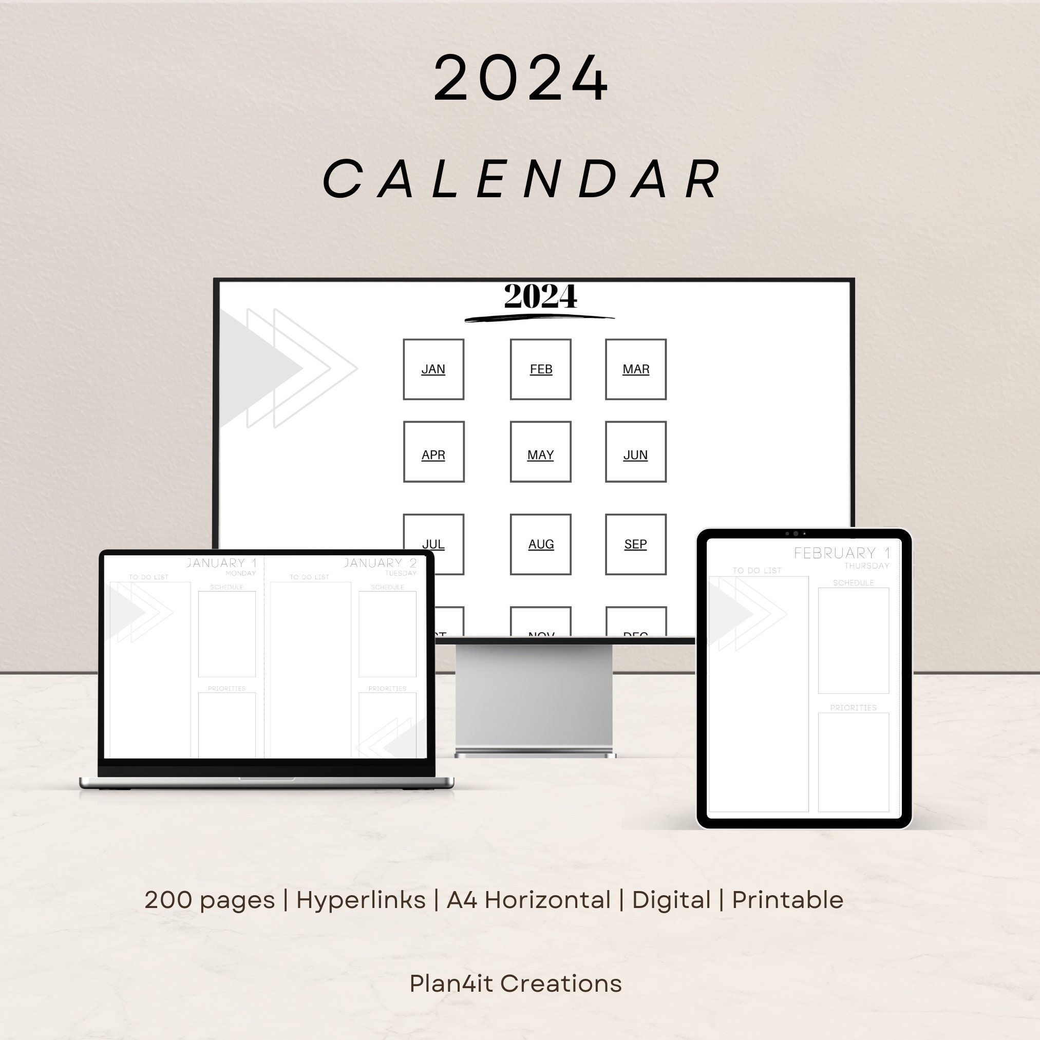 2024 Calendar Digital Printable A4 Horizontal Pdf Hyperlinks - Etsy
