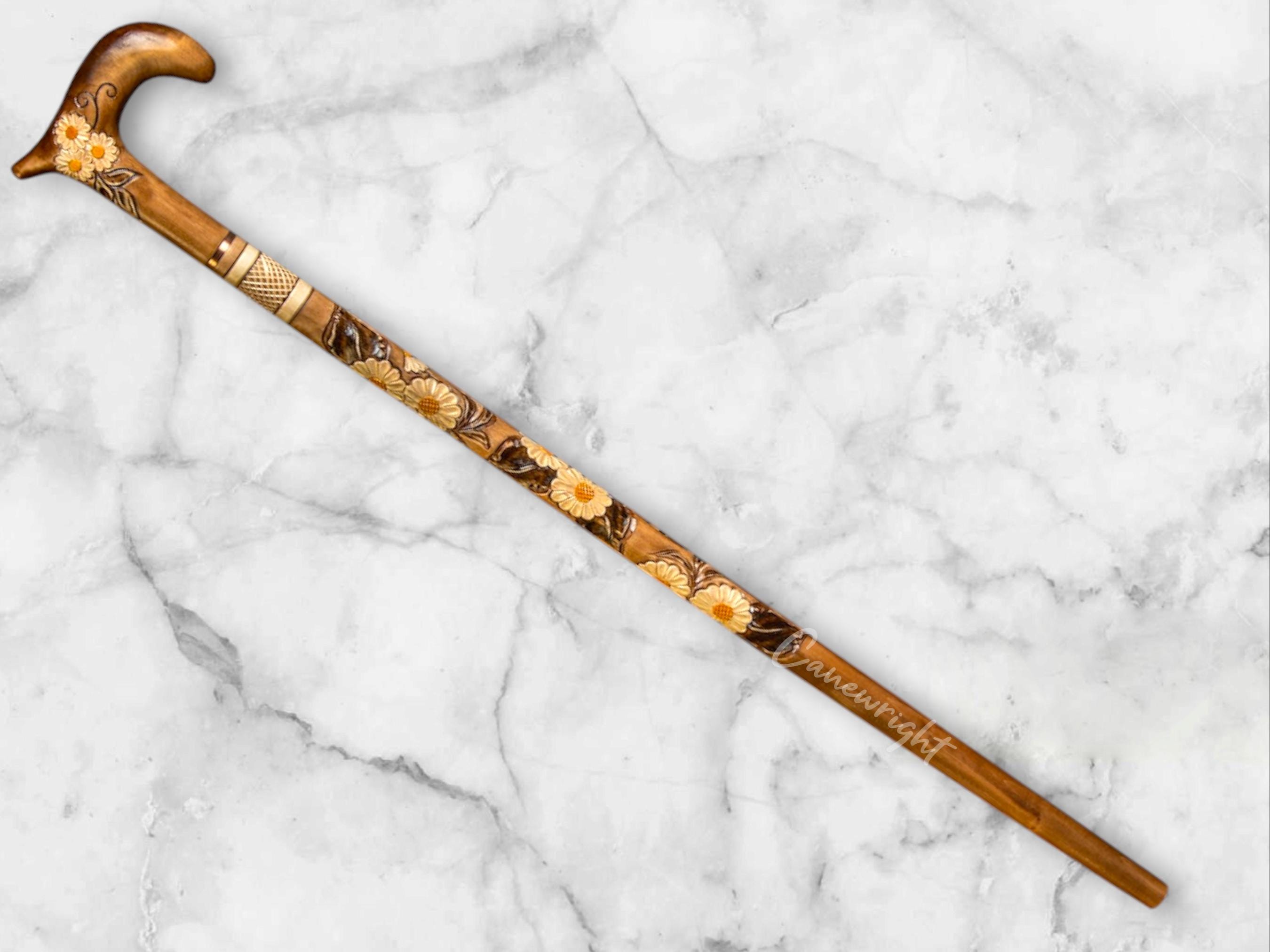 Handmade Rosewood Walking Stick: Chamomile Flower Carving, Leather ...