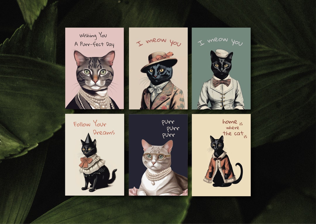6 Classy Cat Postcards - Illustrated Cats in Elegant Clothes| Birthday ...