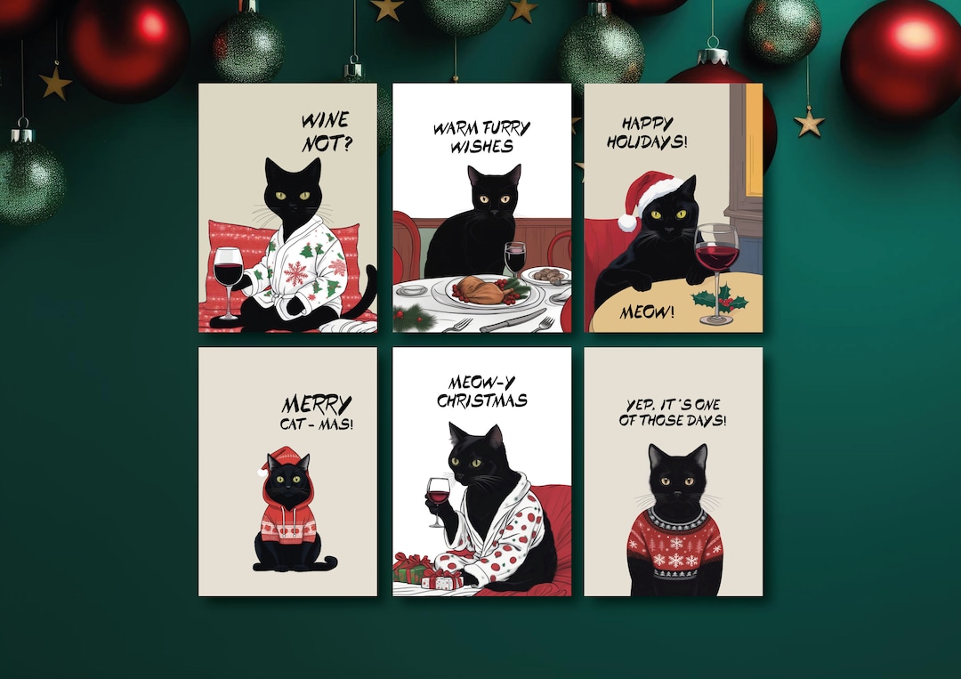 Christmas Cats SET of 6 Christmas Cards, Cat X'mas Cards, Illustrated ...