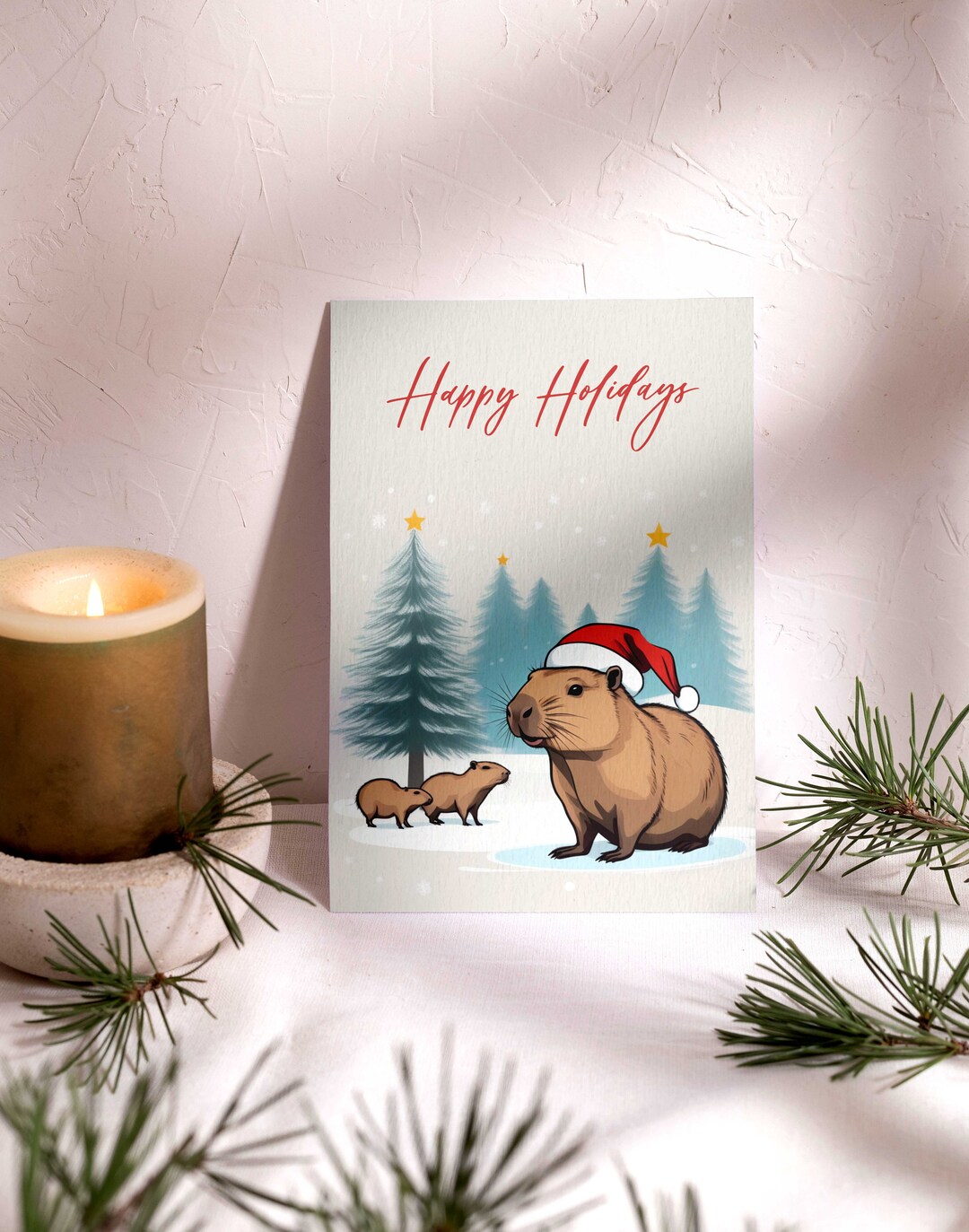Bonita postal de capibara de invierno / Tarjeta de felicitación ...