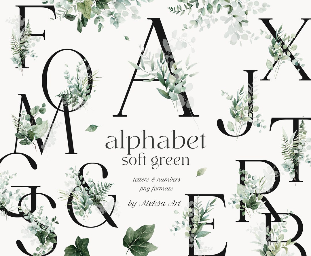 Watercolor Foliage Greenery Alphabet Clipart Letters and Numbers ...