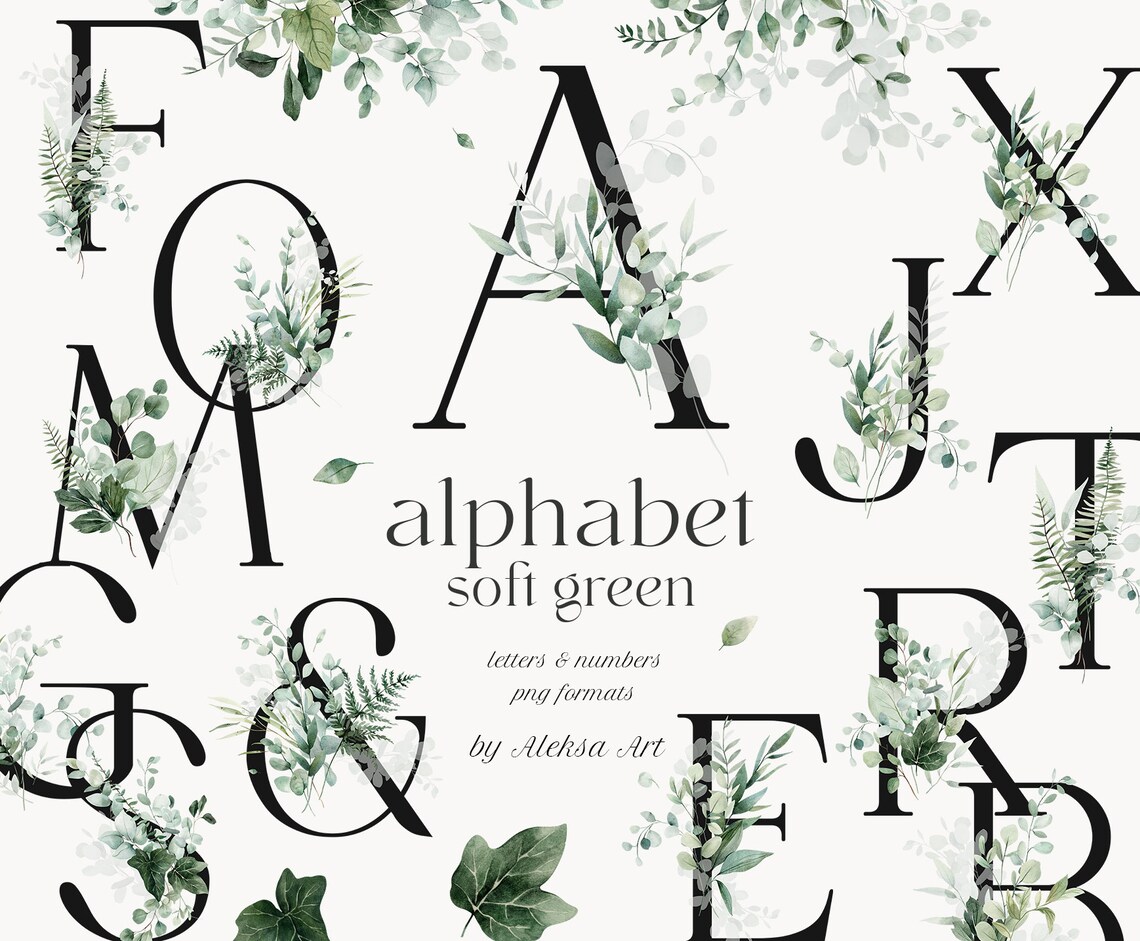 Watercolor Foliage Greenery Alphabet Clipart Letters and Numbers ...